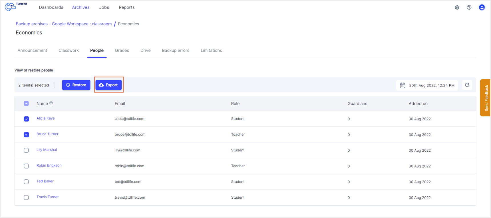 How to export People data in Google Classroom from the SysCloud backup application?